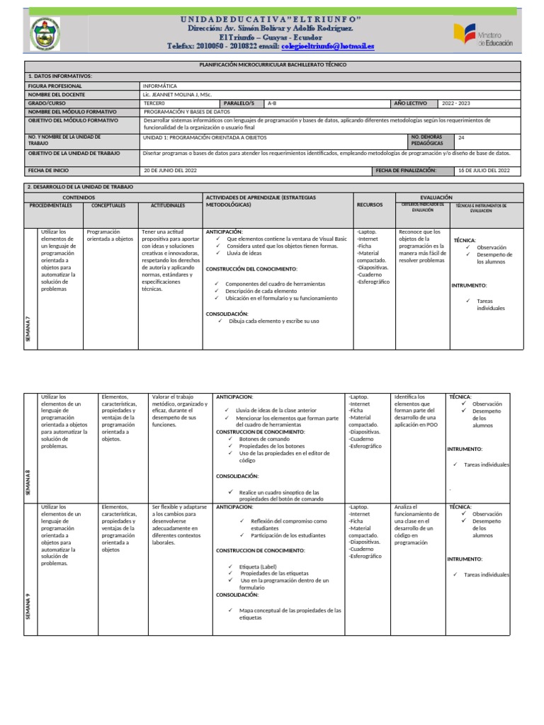 Plan Microcurricular de Programación 7-8-9-10 Julio | Descargar gratis ...