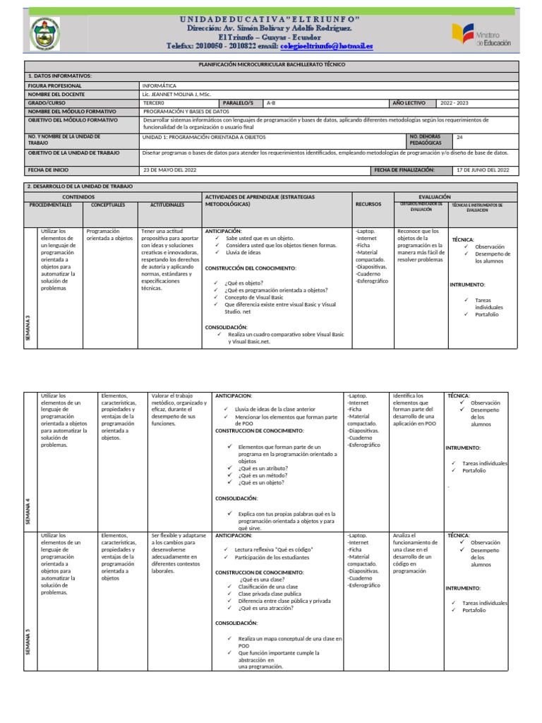 PLAN MICROCURRICULAR DE PROGRAMACIÓN Semana 3-4-5-6 25 23 de Mayo | Descargar gratis PDF ...