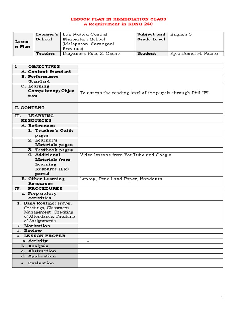 Lesson Plan in Remediation Class | PDF | Lesson Plan | Teachers
