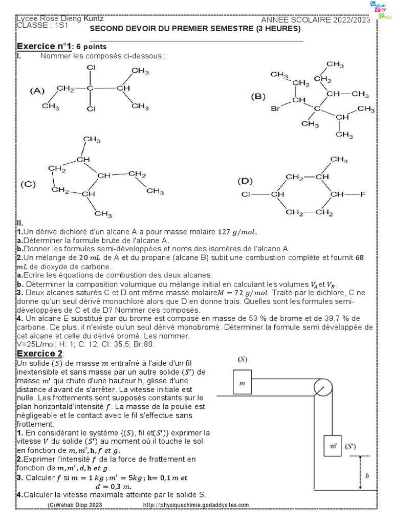 Devoir de Physique-Chimie 1S1 | PDF