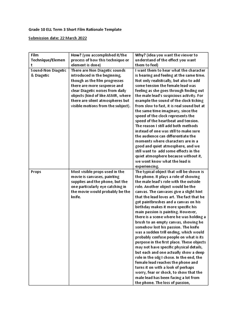 Grade 10 ELL Term 3 Short Film Rationale Template | PDF | Lighting ...