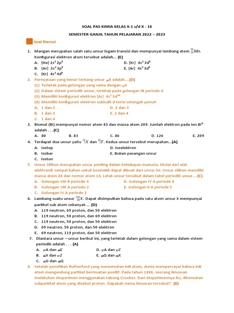 SOAL PAS KIMIA KELAS X Ganjil 2022 | PDF