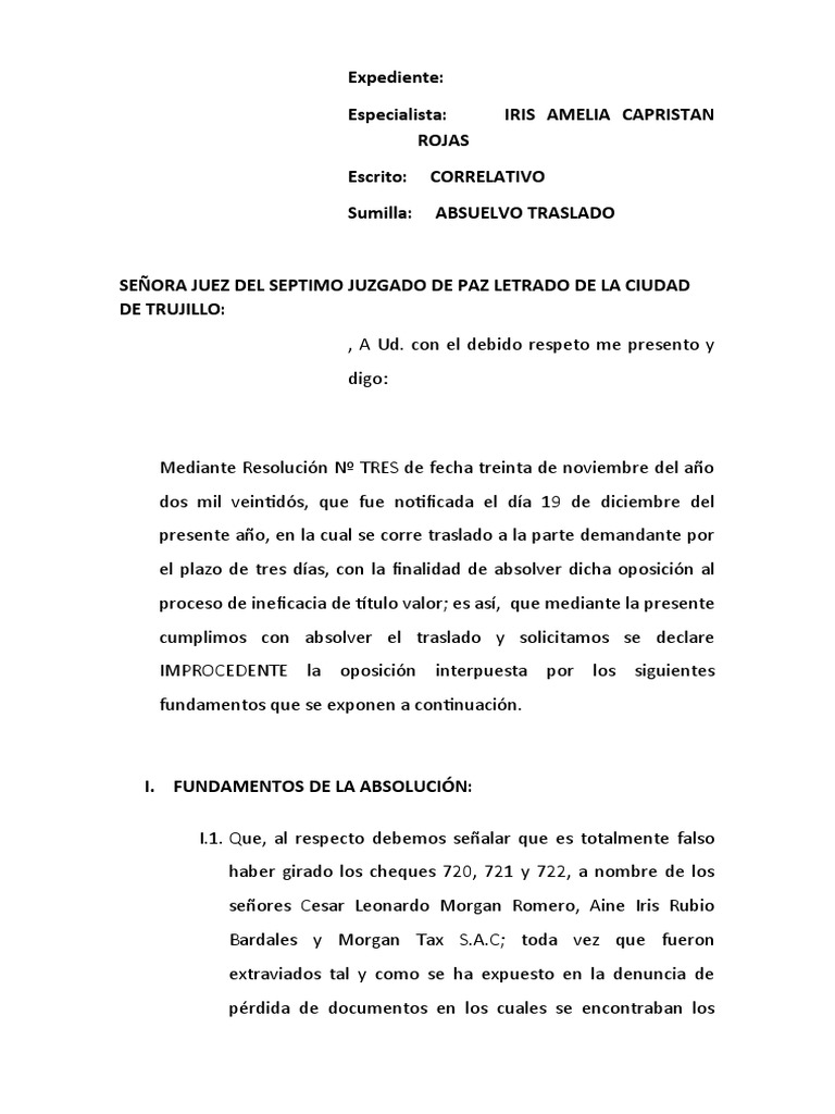 2095-2022-0-1601-JP-CI-07-ESCRITO-absolver Oposiciòn | PDF | Cheque | Justicia