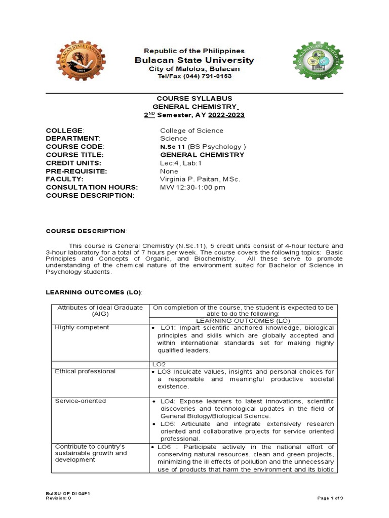 Nat. Scie 11course Syllabus 2nd SEM 2022 2023 - 082050 | PDF | Proteins | Biosynthesis