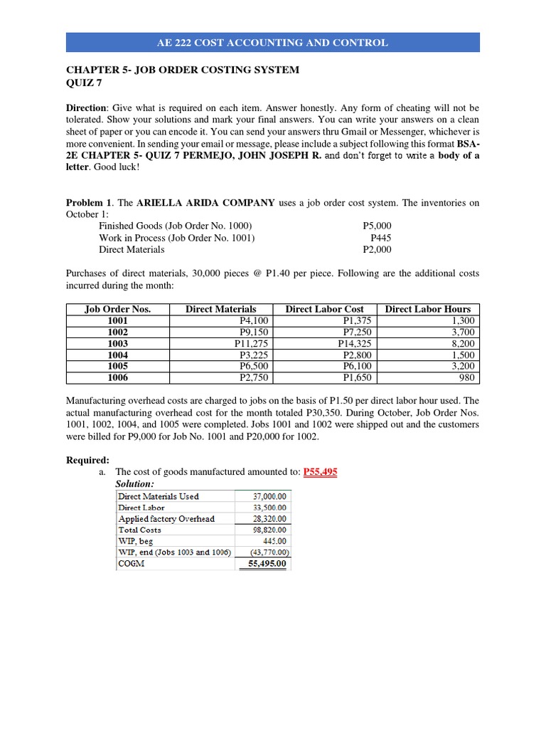 Job Order Costing Quiz for AE 222 | PDF | Inventory | Cost Of Goods Sold