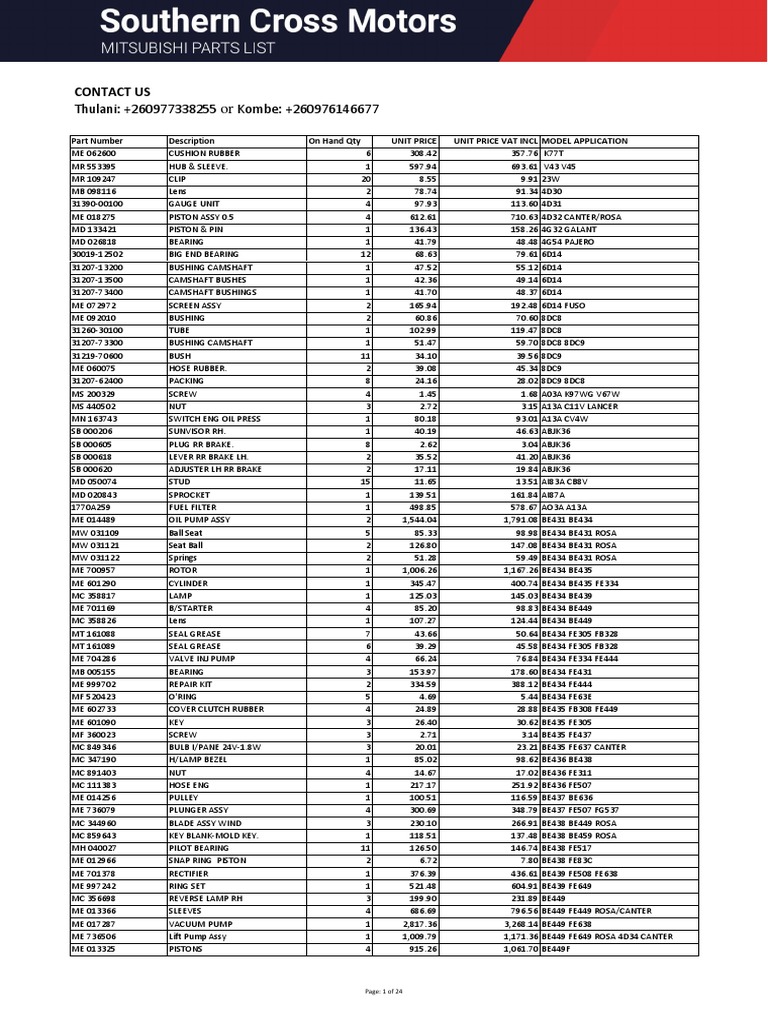 Mitsubishi Parts Price List PDF | PDF | Pump | Valve