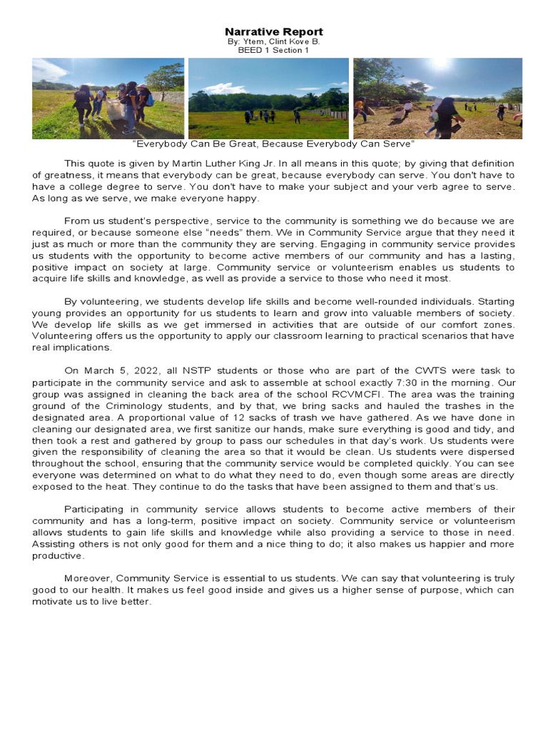 Narrative Report - NSTP 2nd Sem Chapter 1 | PDF | Volunteering | Cognitive Science