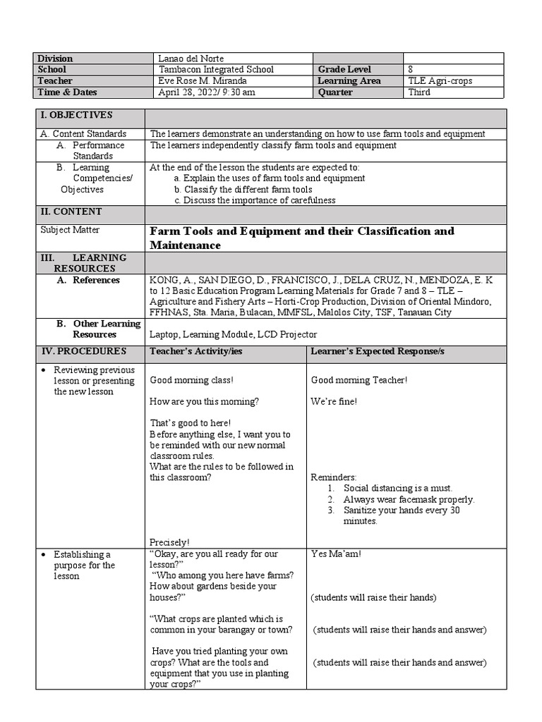 Classification and Uses of Farm Tools and Equipment: A Lesson for Grade ...