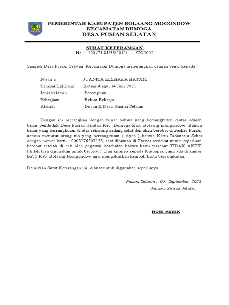 Surat Keterangan Bpjs Tidak Aktif | PDF