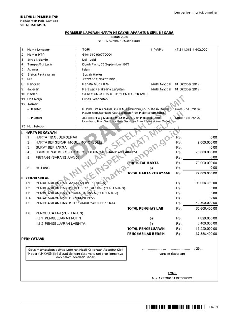 Contoh Laporan Kekayaan ASN | PDF