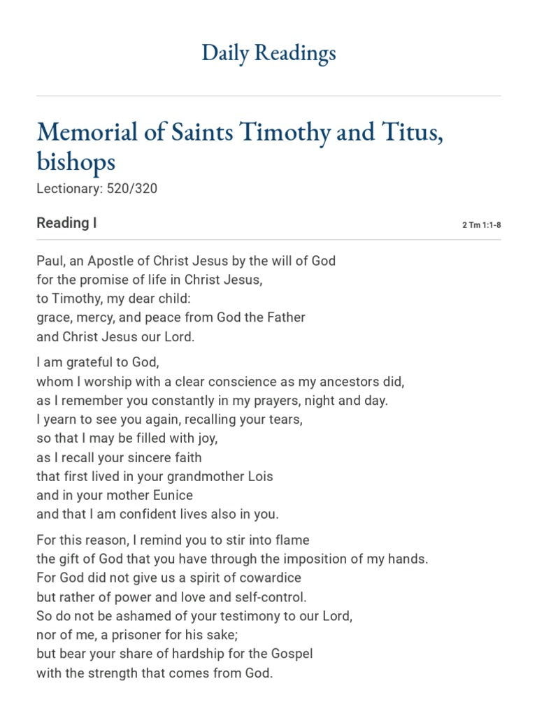 Memorial of Saints Timothy and Titus, Bishops - USCCB | PDF | Jesus ...