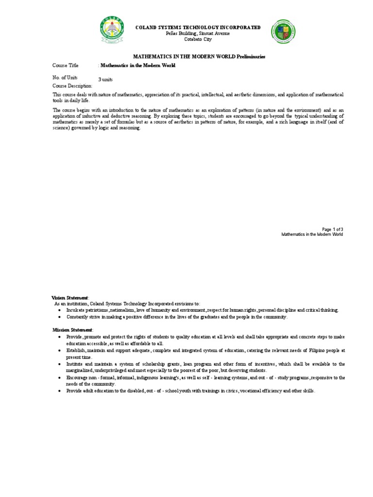 Syllabus Mathematics in The Modern World | PDF | Mathematics | Reason