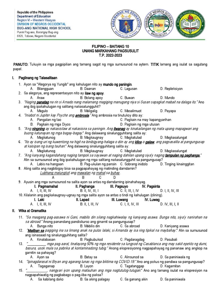 Q1 - FIL 10 EXAM (Aralin 1.1-1.4) | PDF