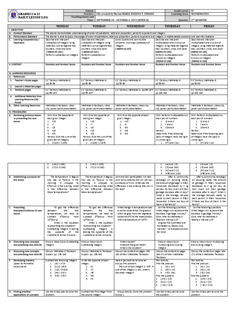 DLL - Mathematics 6 - Q2 - W8 | Download Free PDF | Subtraction | Mathematics