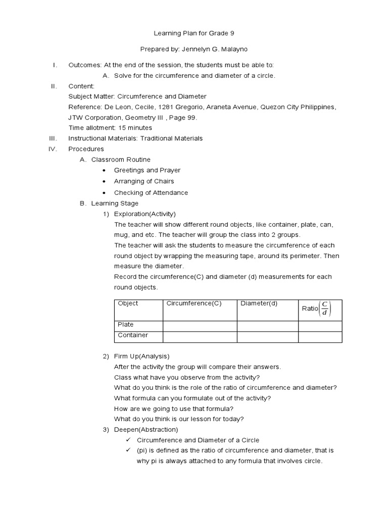 Calculating Circumference and Diameter: A Learning Plan for Teaching ...