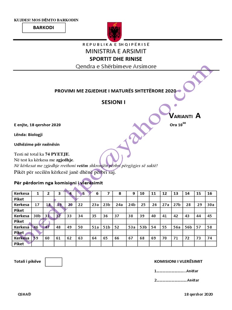 Model Testi Biologji Matura Shteterore 2020 | PDF
