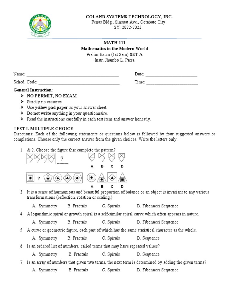 SET A MATH 111 PRElIM EXAM | PDF | Symmetry | Pattern