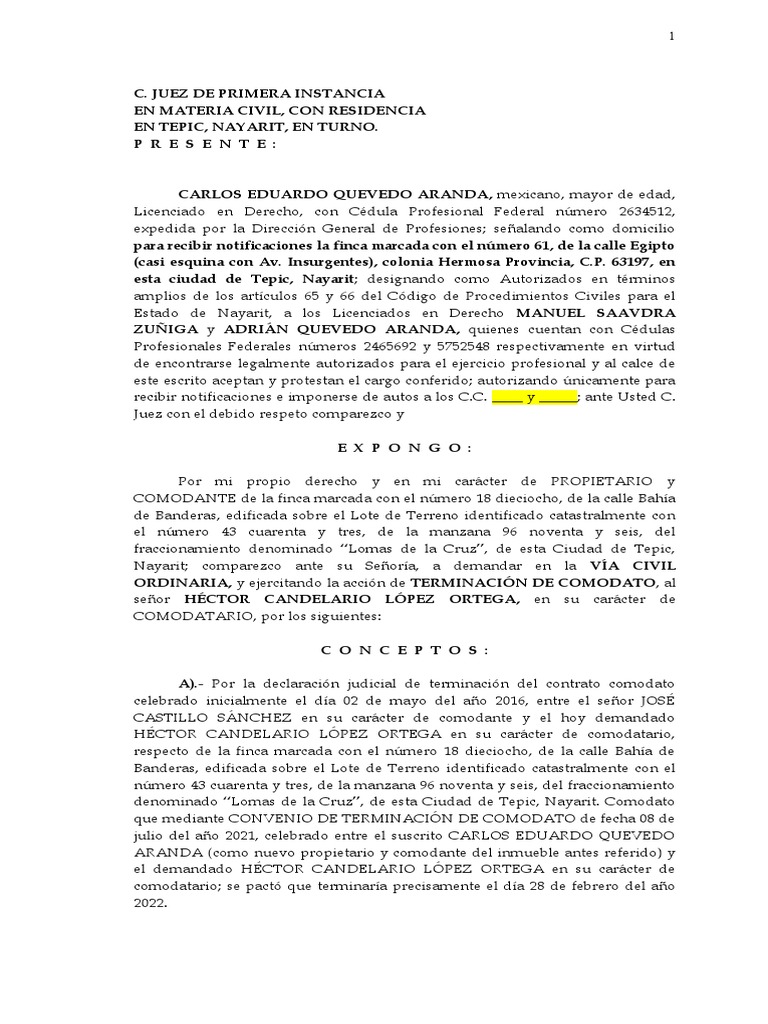 Demanda de Terminación de Comodato | PDF | Ley de obligaciones | Derecho y economía