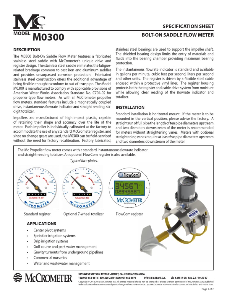 Specification Sheet Bolt-On Saddle Flow Meter Model: Description ...
