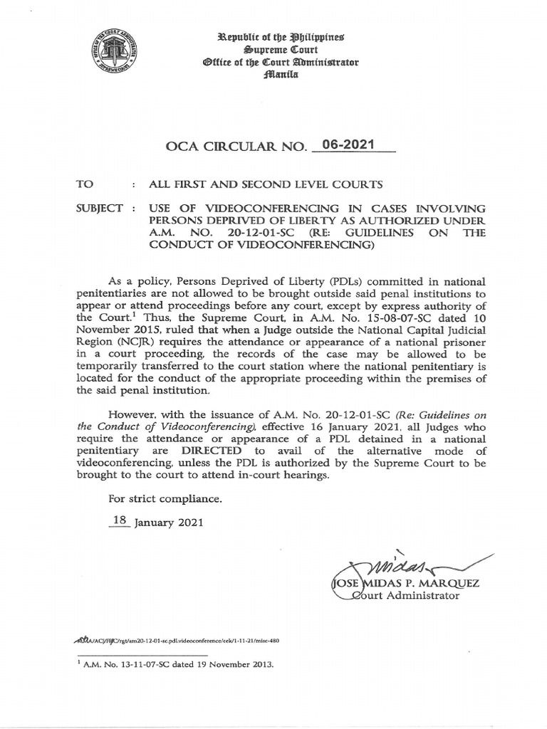 OCA Circular No. 06 2021 Video Con NBP | PDF