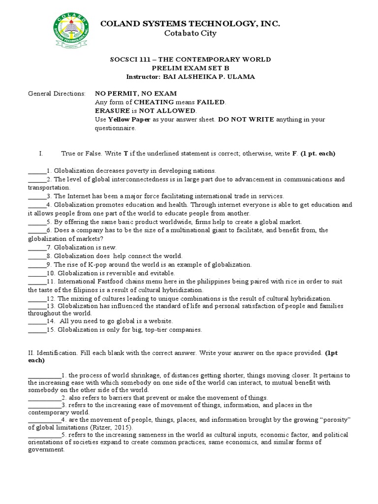 Prelim Exam The Contemporary World Set B | PDF | Globalization ...