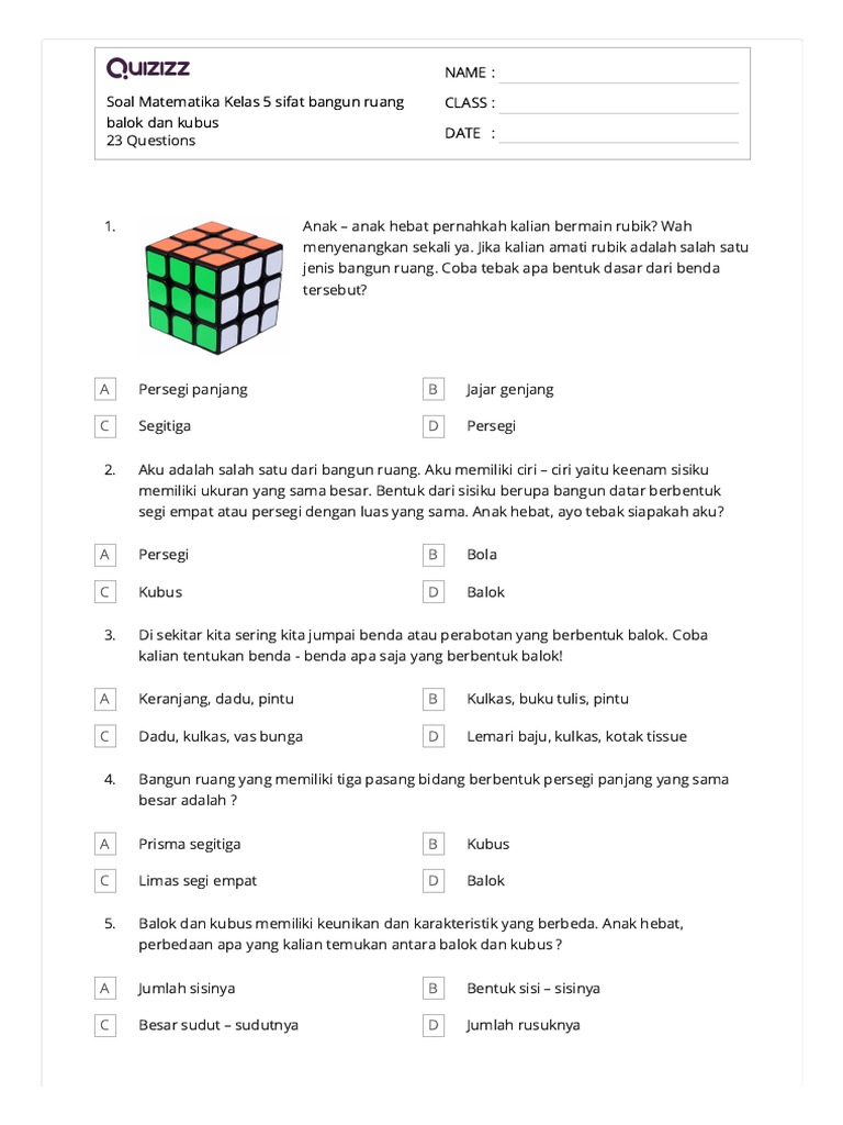 Soal Matematika Kelas 5 Sifat Bangun Ruang Balok Dan Kubus | PDF
