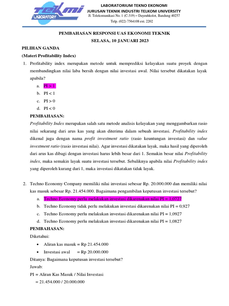 Pembahasan Responsi Uas Ekonomi Teknik - Pengantar Ilmu Ekonomi 2023 | PDF | Bisnis ...