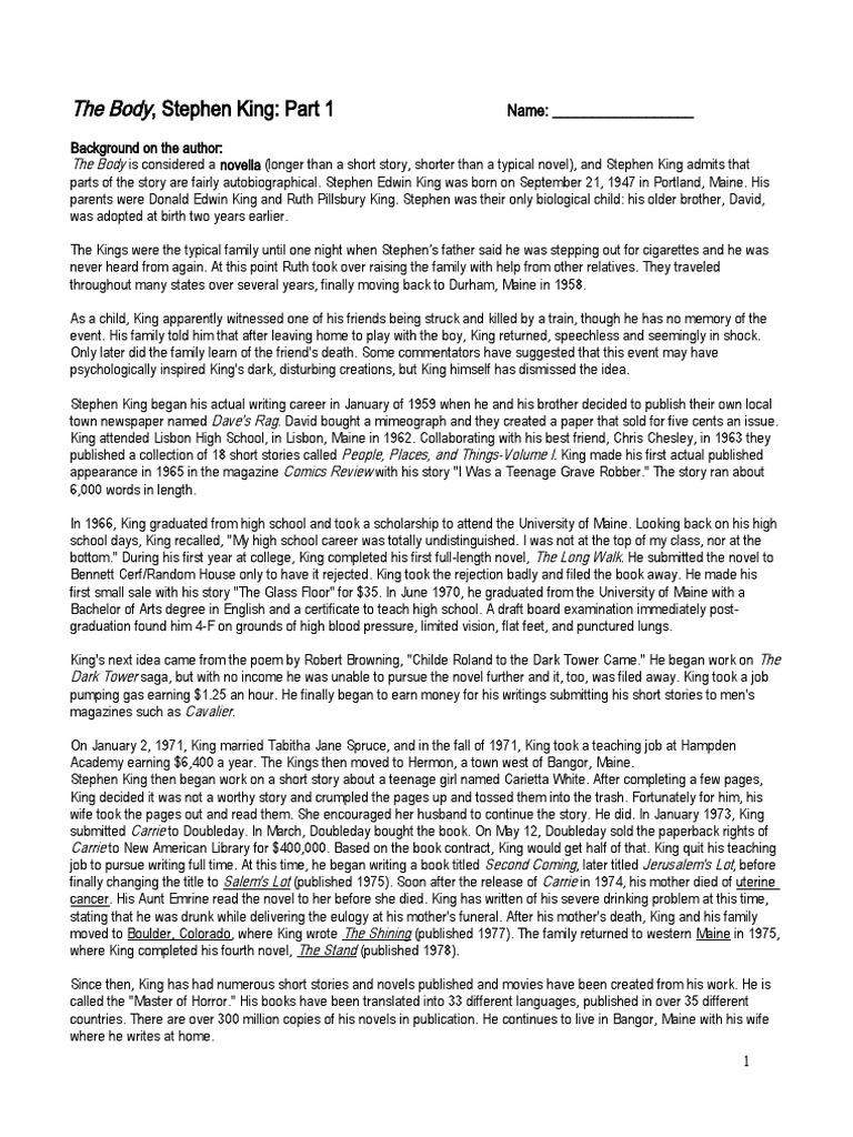 10 the Body Novel Guide Part 1 TeacherCopy | PDF | Irony | Stephen King