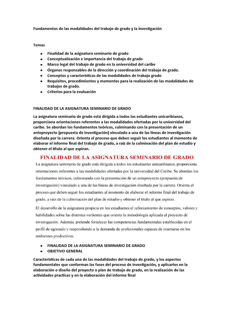 Fundamentos de las modalidades del trabajo de grado y la investigación | PDF | Teoría | Aprendizaje