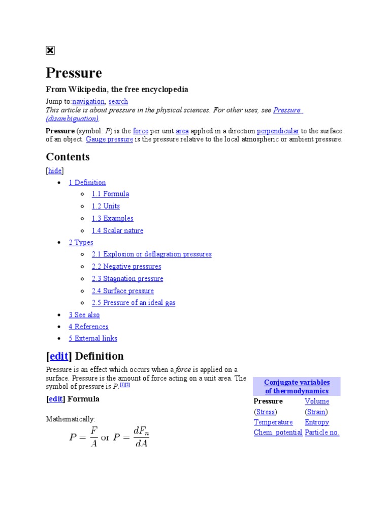 Pressure: From Wikipedia, The Free Encyclopedia | PDF | Pressure ...