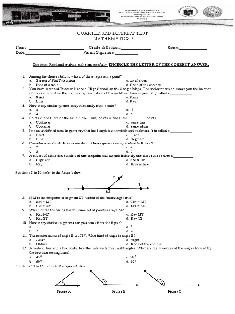 3rd Quarter Exam District Grade 7 | PDF | Line (Geometry) | Angle