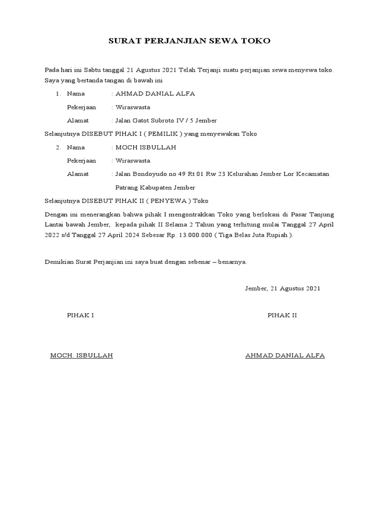 Surat Perjanjian Sewa Toko | PDF