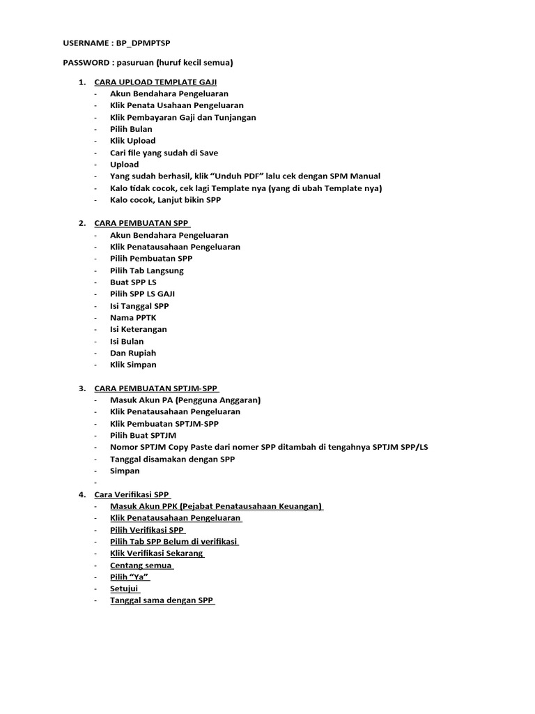 Cara upload template gaji dan pembuatan SPP SPTJM SPM di BPDPTSP | PDF