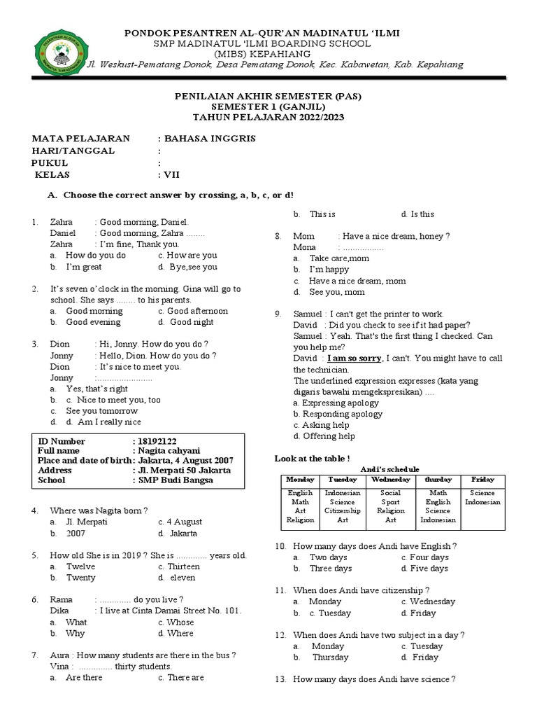 Uas Bahasa Inggris Mibs Kelas 7 - Ganjil 2022 | PDF