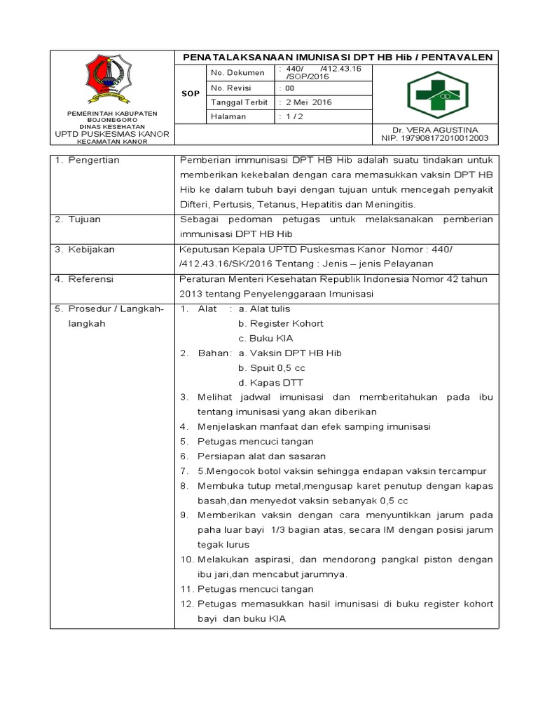 SOP Imunisasi DPT HB Hib Puskesmas Kanor | PDF