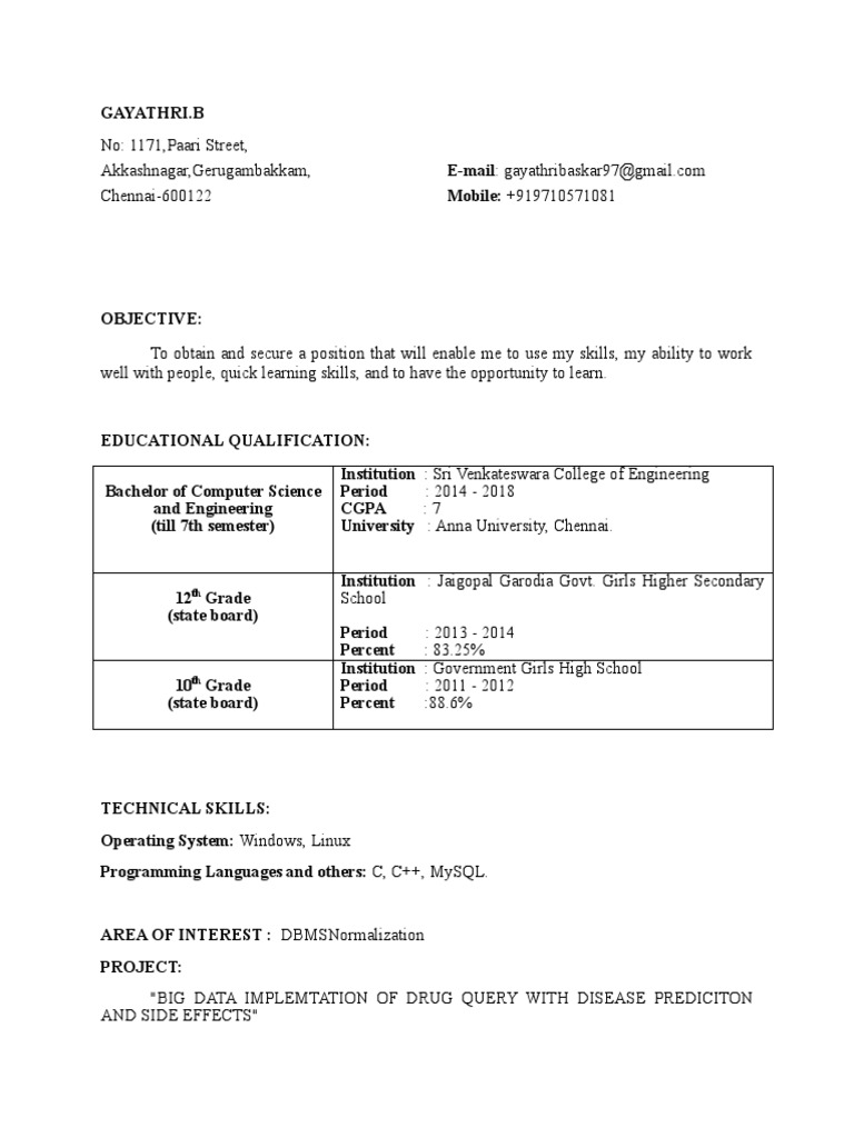 Gayathri B: Resume and Profile Summary | PDF | Career & Growth