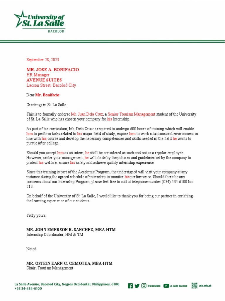 Endorsement Letter Tourism Management | PDF