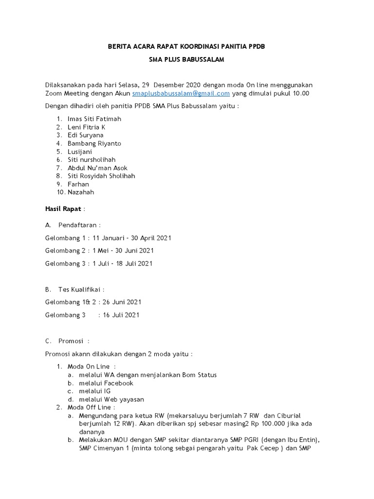 Berita Acara Rapat Koordinasi Panitia PPDB 2021 | PDF