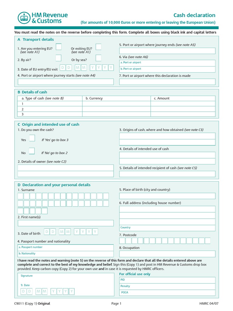 Cash Declaration | PDF | European Union | Euro
