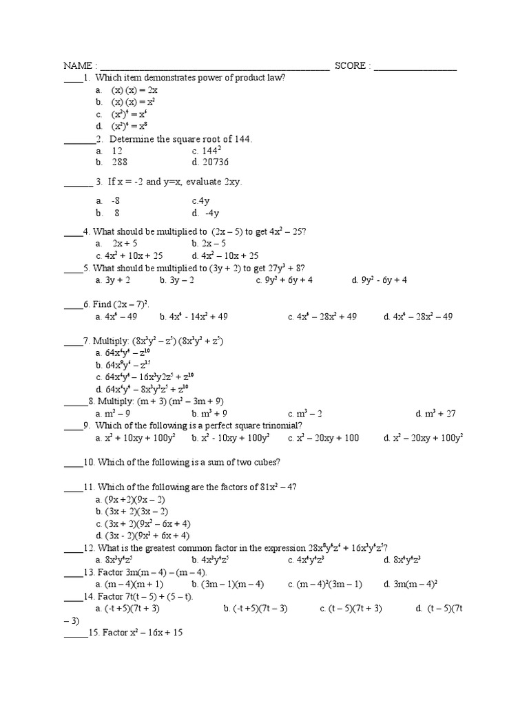 Quiz On Algebraic Expressions | PDF | Mathematical Analysis | Abstract ...