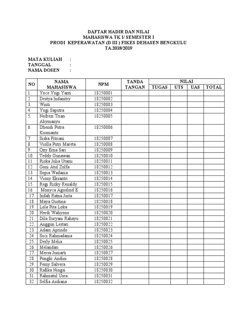 Daftar Hadir Dan Nilai TK I | PDF