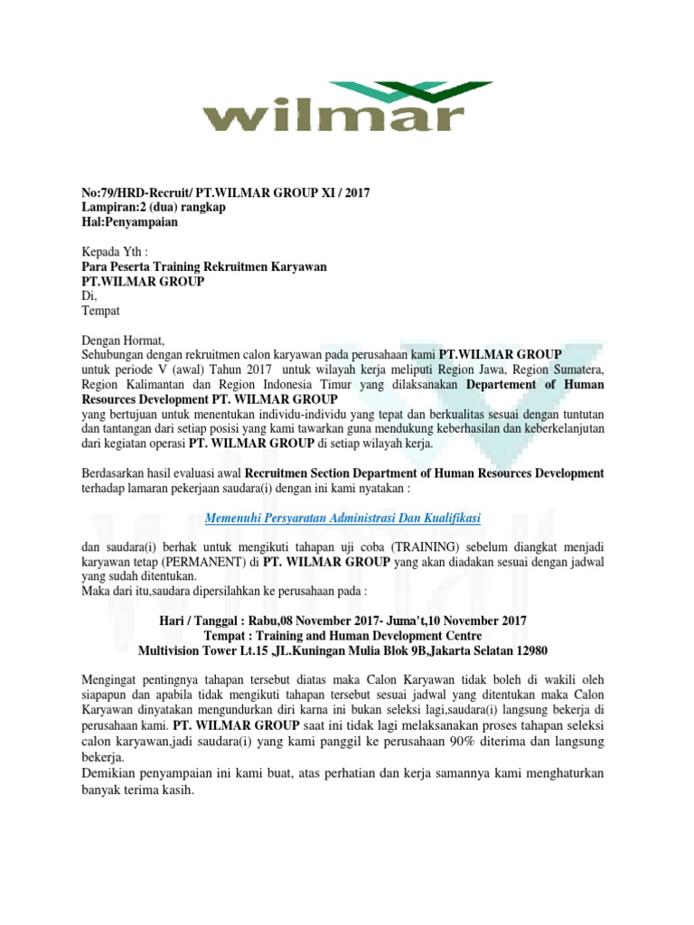 Surat Panggilan Trainning Karyawan PT - WILMAR INTERNATIONAL GROUP | PDF