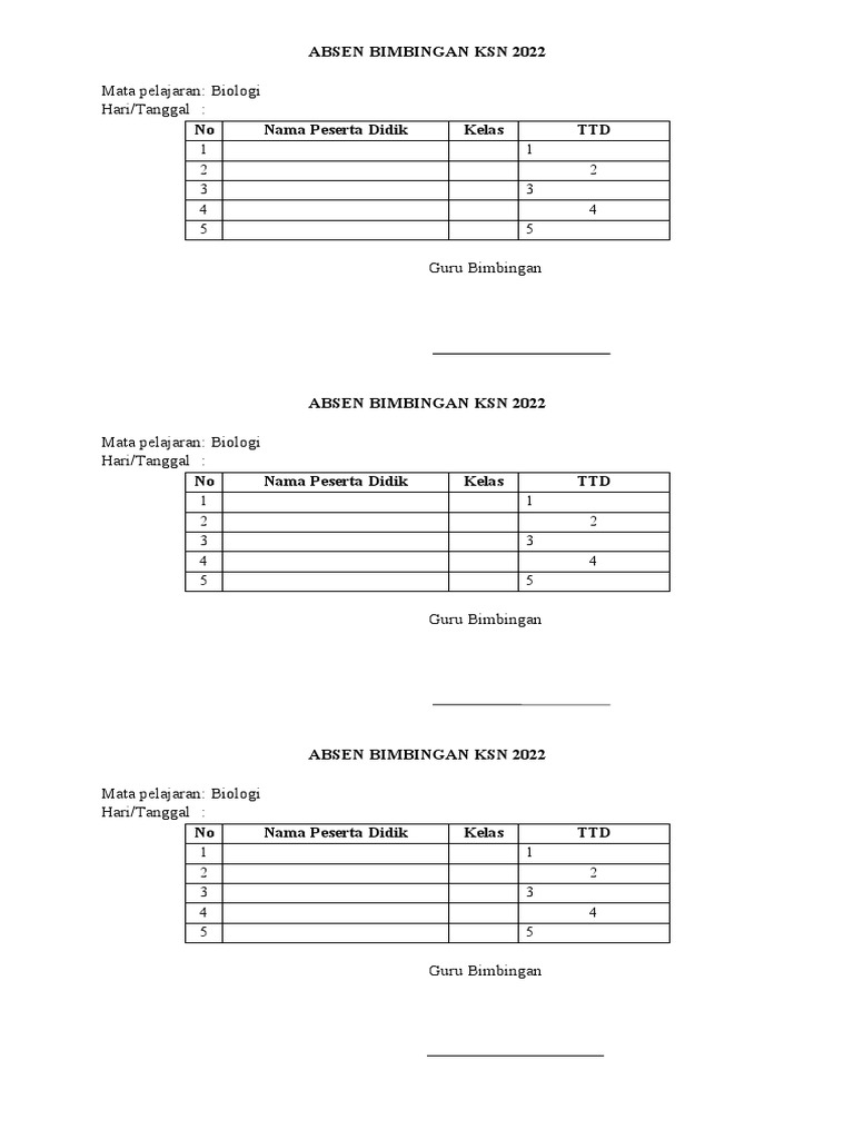 Absen Bimbingan KSN 2022 | PDF