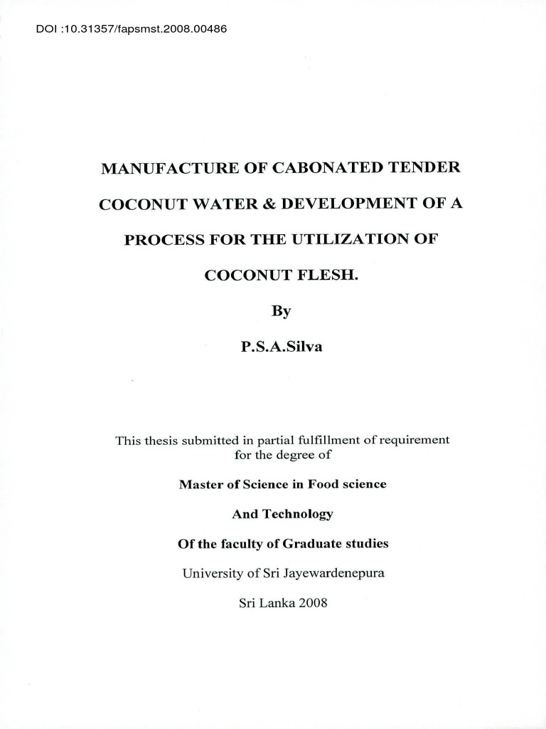 Carbonated Tender Coconut Water Production | PDF | Coconut | Thesis