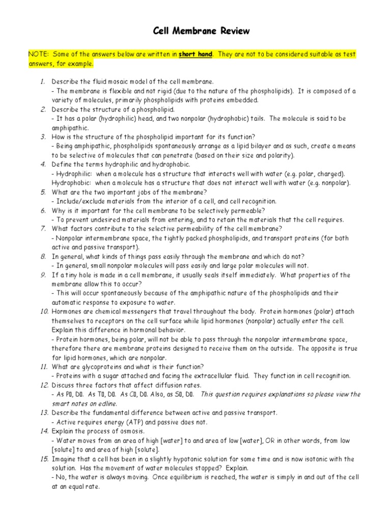 Review Cell Membrane ANSWERS 2 | PDF | Cell Membrane | Lipid Bilayer