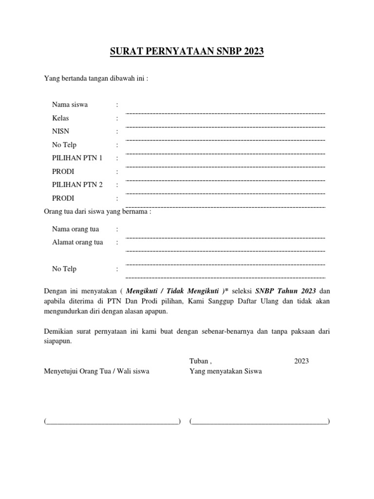 Surat Pernyataan Daftar SNBP 2023 | PDF