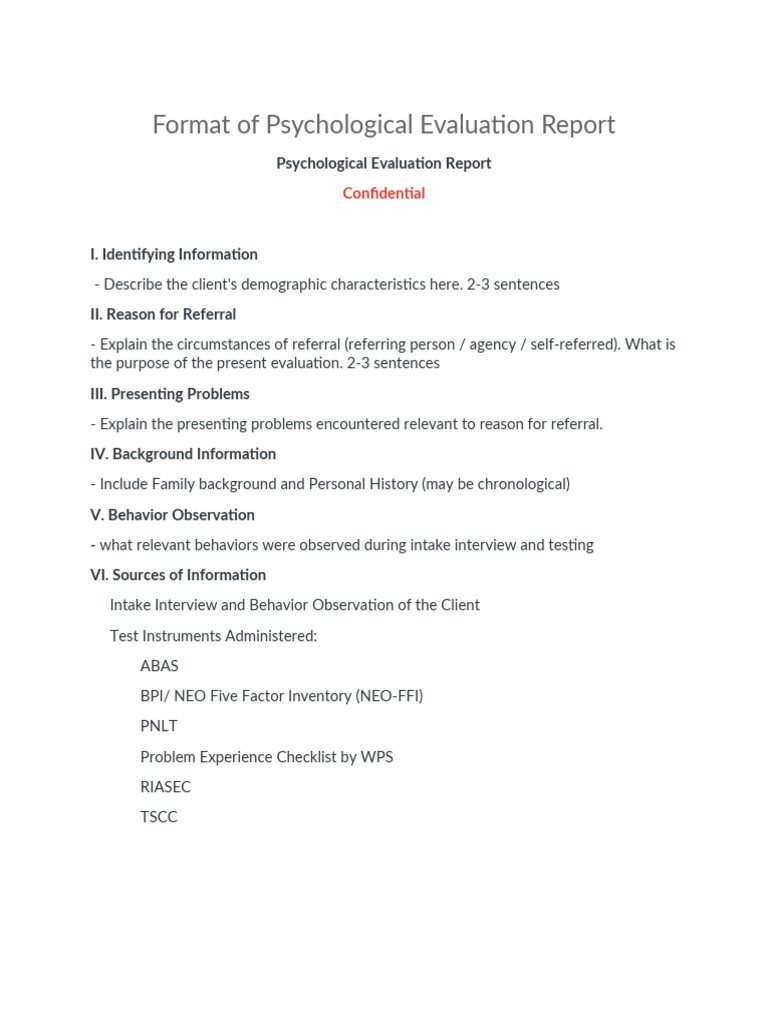 Psychological Evaluation Report Format | PDF