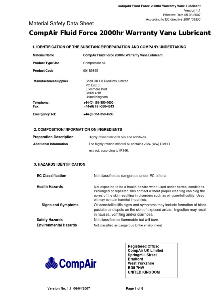 Hydrovane-Fluid-Force-2000Hr Vane Lubricant Safety Data | PDF ...