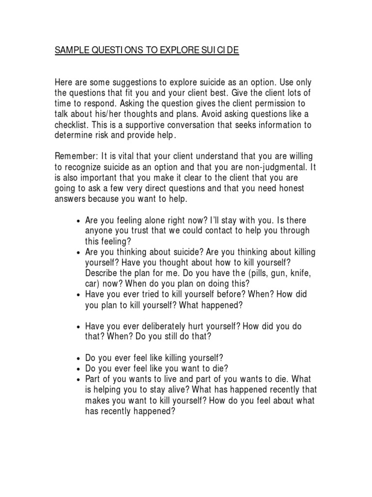 Sample Questions To Explore Suicide | PDF | Suicide