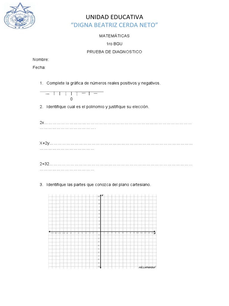 Prueba Diagnóstica de Matemáticas 1ro BGU | PDF